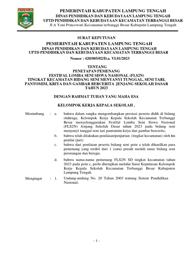 Final - SK FLS2N SD - Penetapan Pemenang FLS2N Tingkat Kecamatan 2023 | PDF