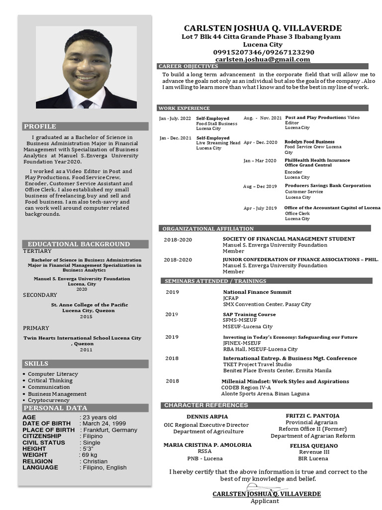 Villaverde, Carlsten Joshua Q. Resume | PDF | Economies