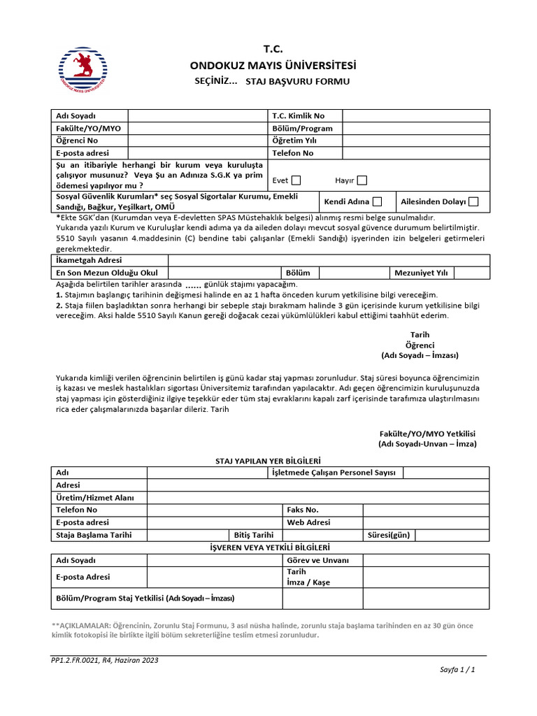 .0021 - Zorunlu - Gönüllü Staj Başvuru Formu | PDF