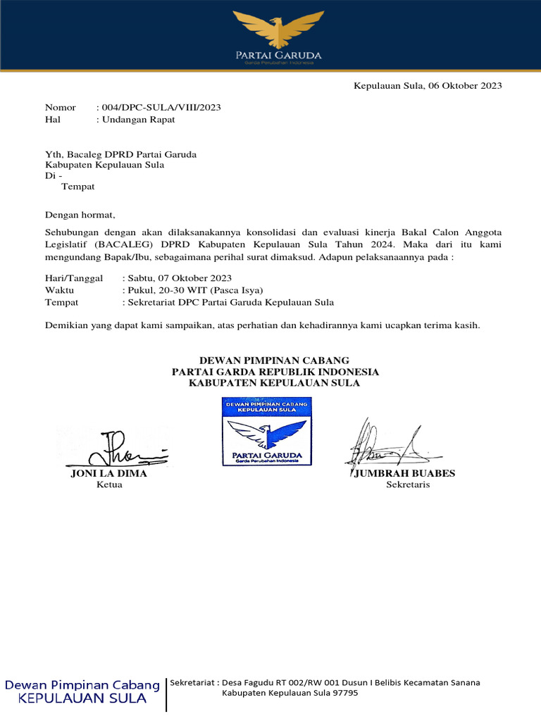 Undangan Rapat Caleg Partai Garuda 2023 | PDF