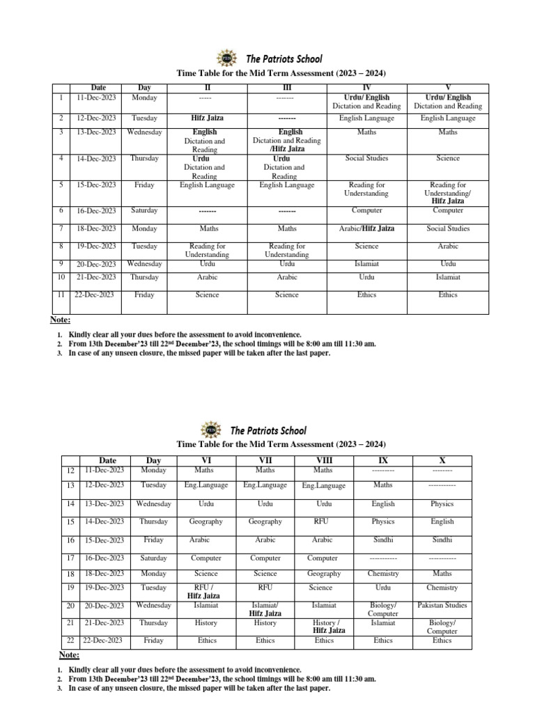 Revised Time Table GRADE 2 TILL 10-3 | PDF
