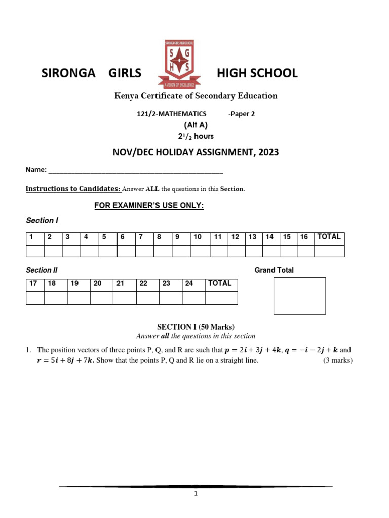 Pp2 Form 3 Mathematics December 2023 Holiday Assignment Assignments ...