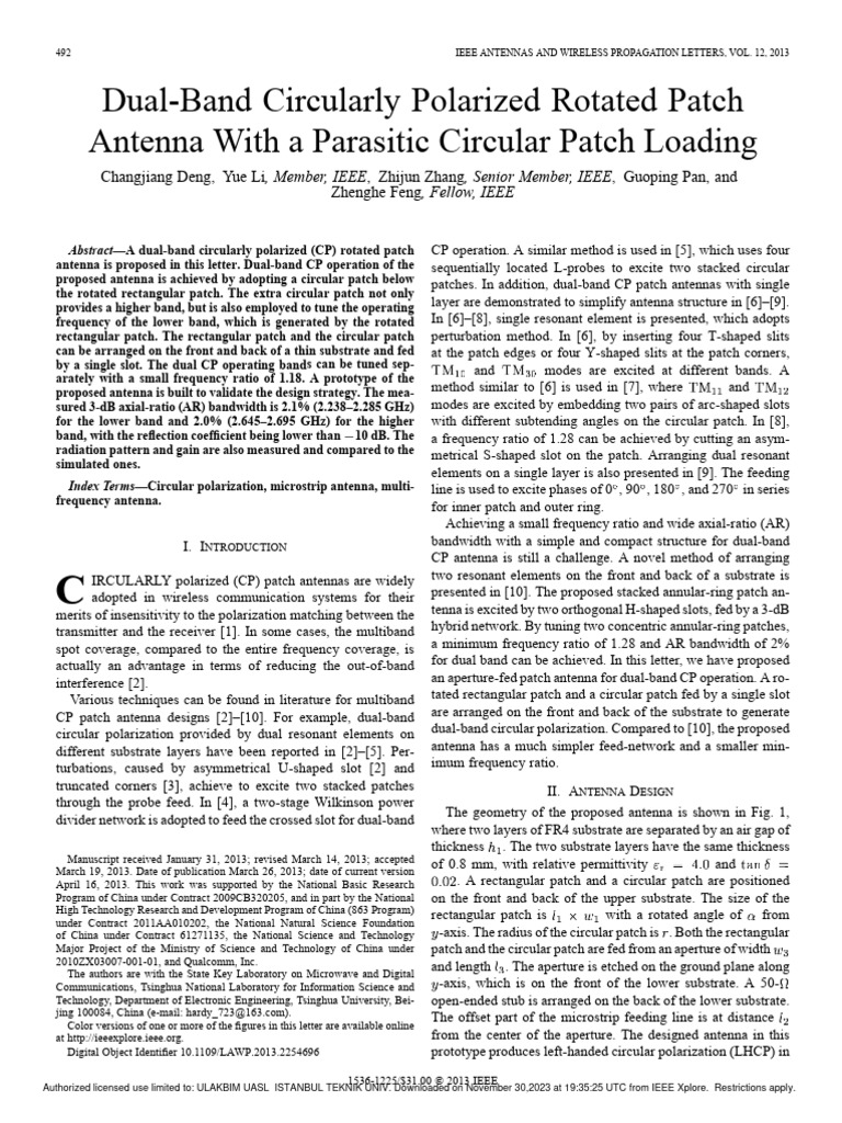 Dual-Band Circularly Polarized Rotated Patch Antenna With A Parasitic Circular Patch Loading ...