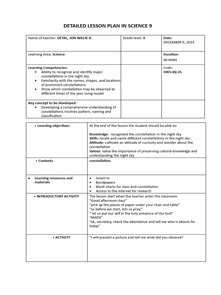 Lesson Plan Demonstration Detal Semi Done | PDF | Constellation | Night Sky