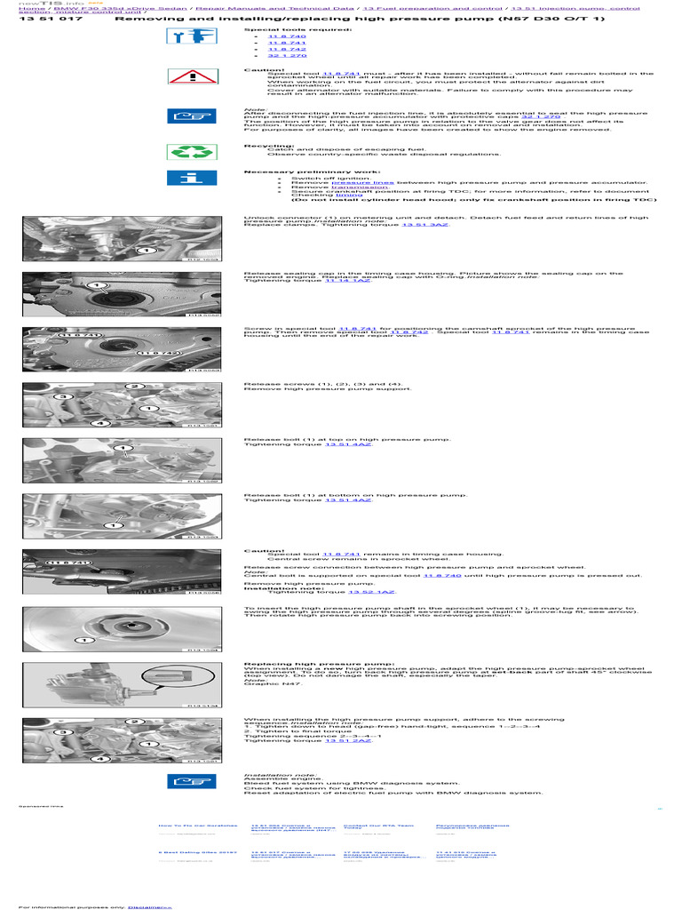 13 51 017 Removing and Installing - Replacing High Pressure Pump (N57 D30 O - T 1) | PDF | Pump ...
