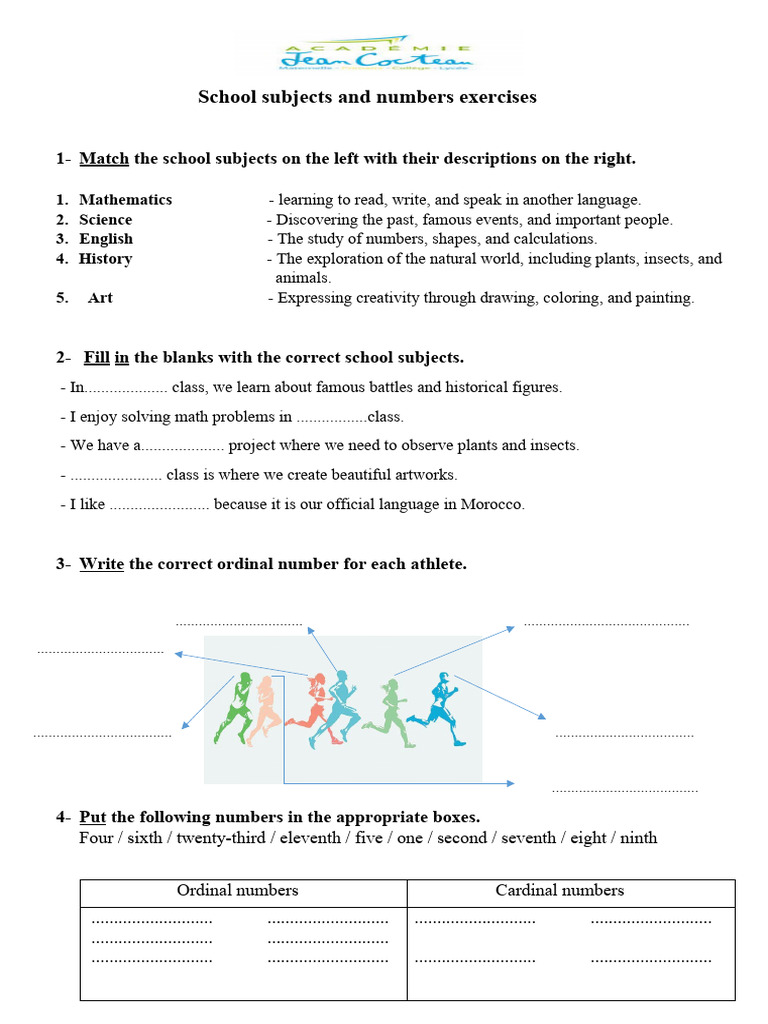 School Subjects and Numbers Activities | PDF