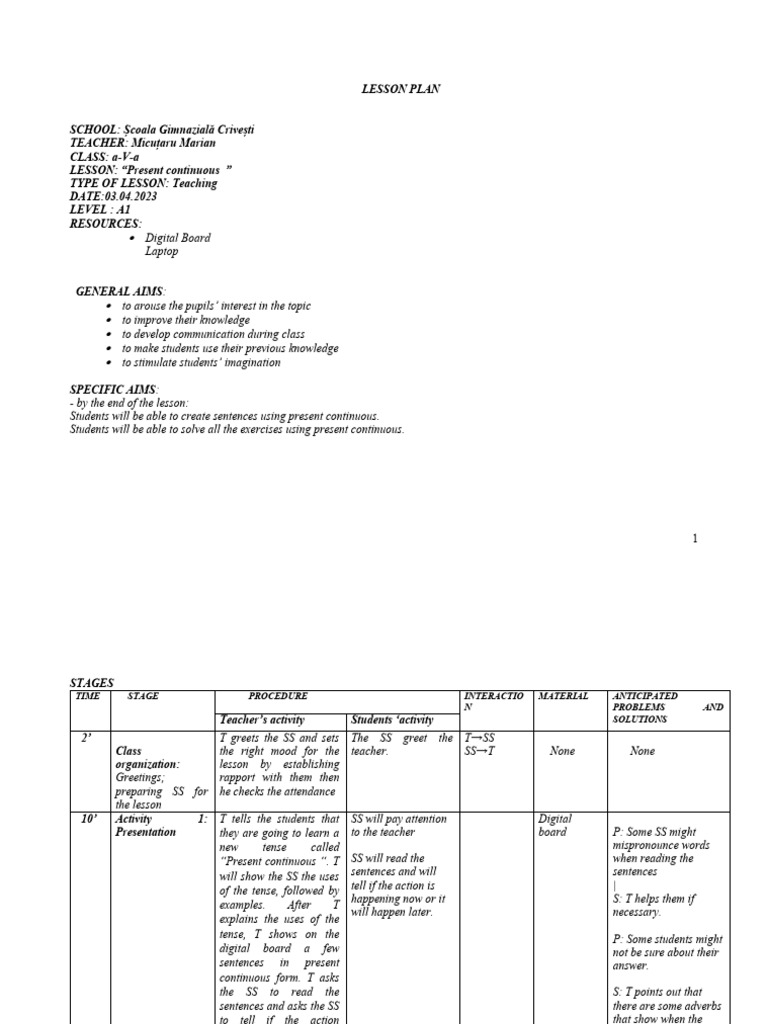 Clasa A 5-A Proiect Didactic Engleza | PDF