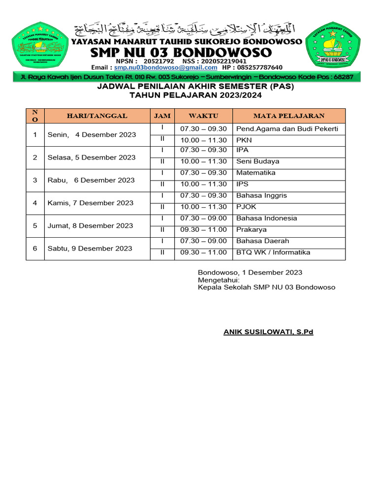 Jadwal Pas 2023-2024 | PDF