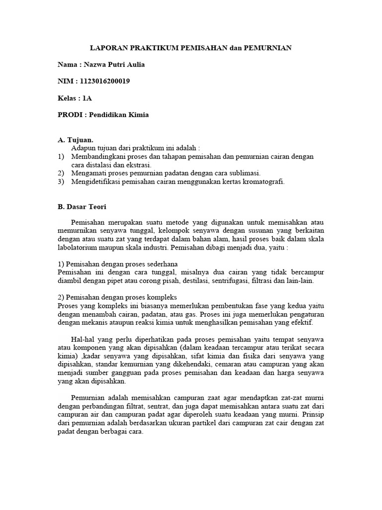 LAPORAN PRAKTIKUM PEMISAHAN Dan PEMURNIAN | PDF