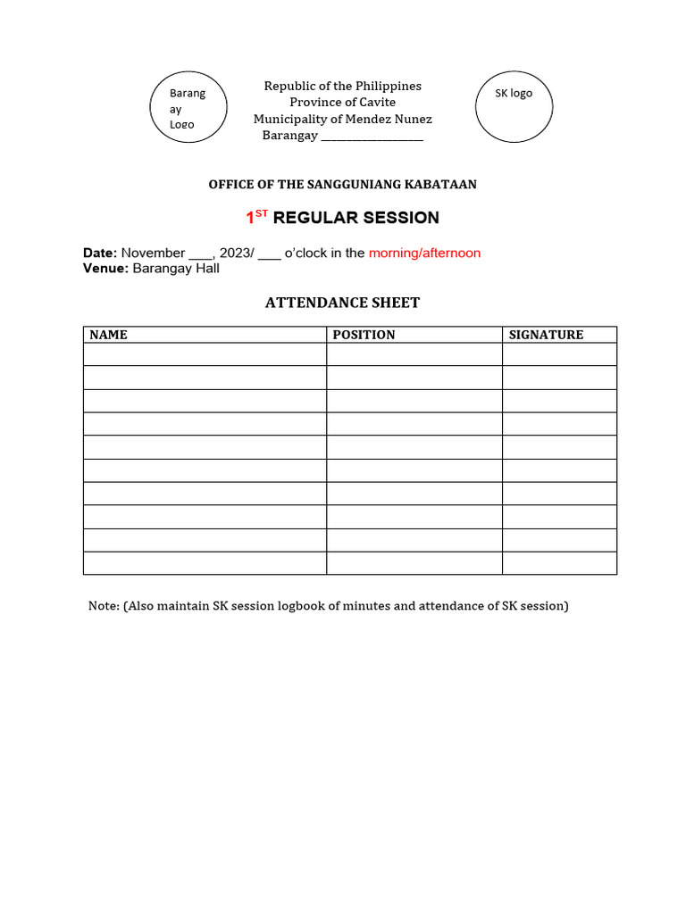 SK Regular Session Attendance Sheet | PDF