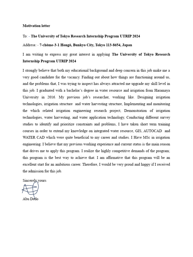 Personal Statement For Tokyo Univesity Internship Program | PDF