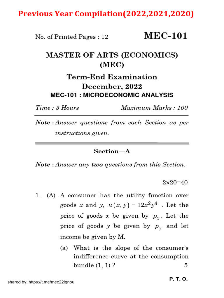MEC-101 Microeconomic Analysis Exam 2022 | PDF | Utility | Oligopoly
