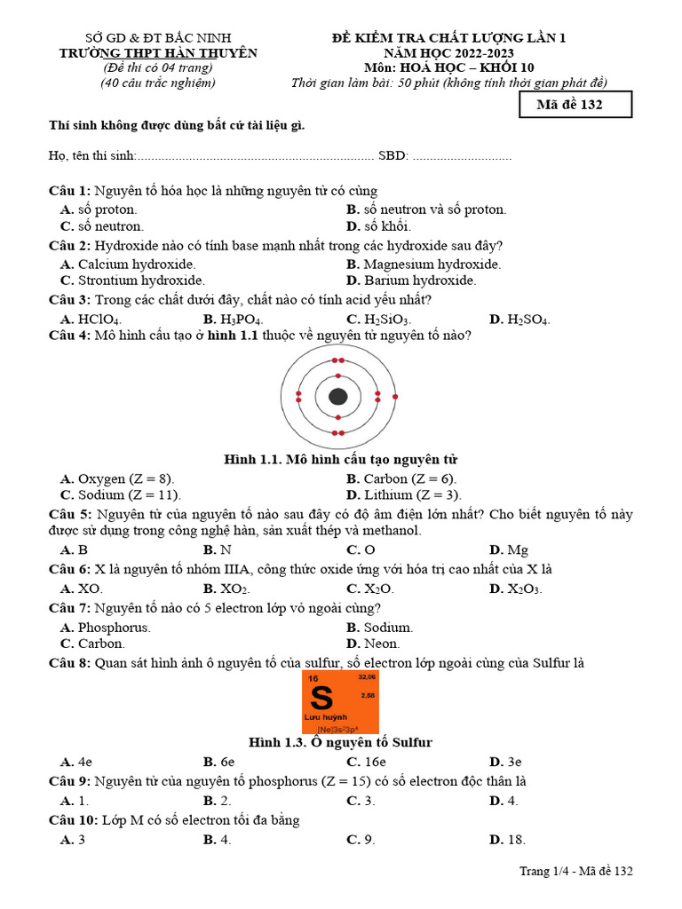De Kiem Tra Hoa Hoc 10 Lan 1 Nam 2022 2023 Truong THPT Han Thuyen Bac Ninh | PDF