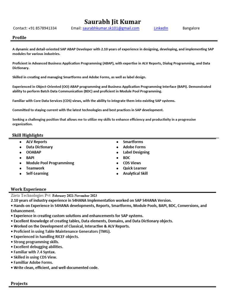 SAP ABAP Developer Resume - Saurabh Kumar | PDF | Computer Programming | Software Engineering