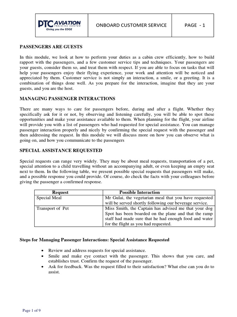 Day 7 - On Board Customer Service Handout | PDF | Flight Attendant ...
