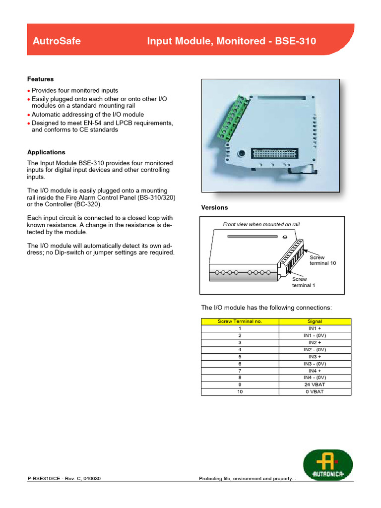 BSE-310-Input Module, Monitored | PDF | Resistor | Programmable Logic Controller