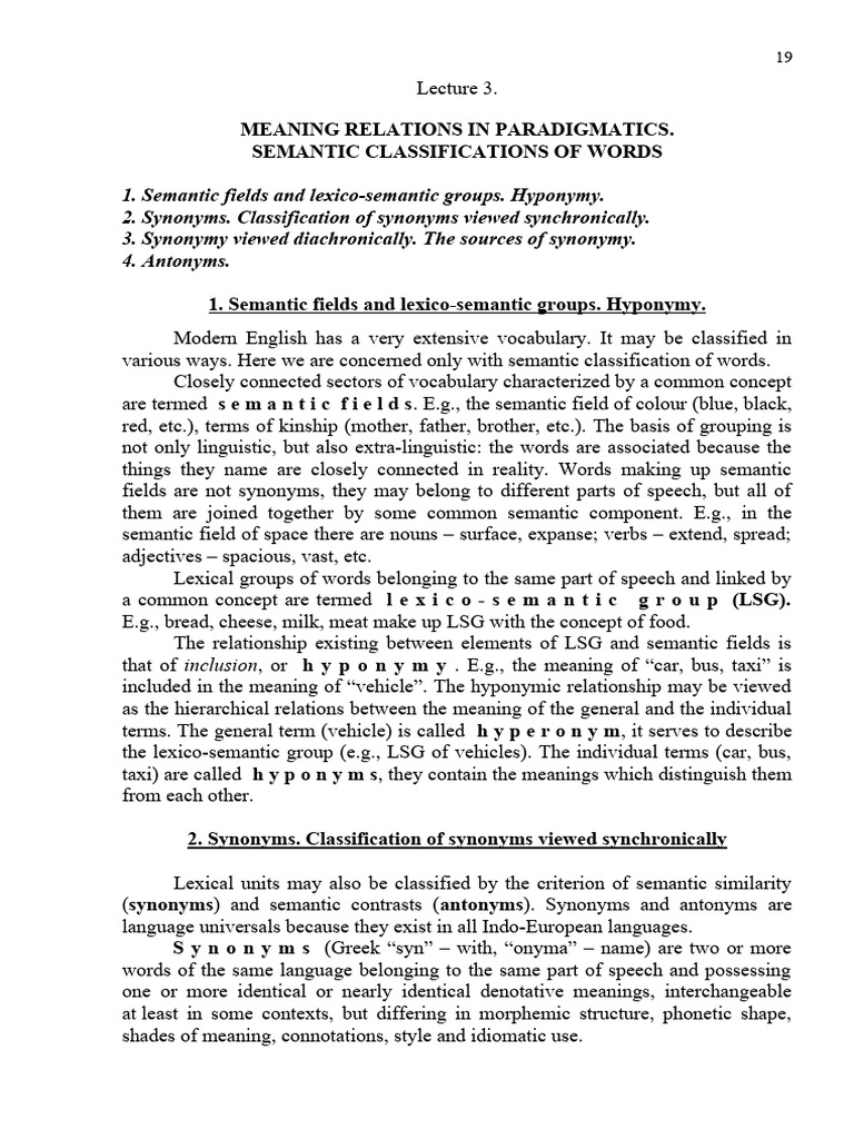 Lect.3.hyponymy, Synonymy, Antonymy | PDF | Part Of Speech | Lexical Semantics