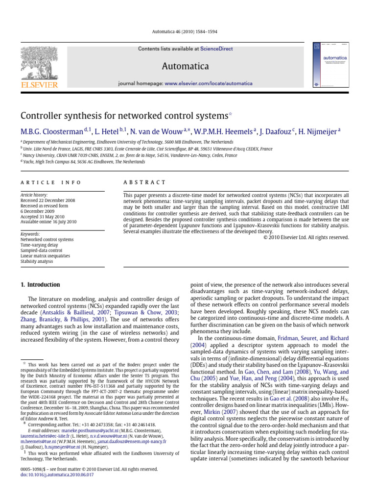 M.B.G. Cloosterman, L. Hetel 2010 Controller Synthesis For Networked Control Systems | PDF