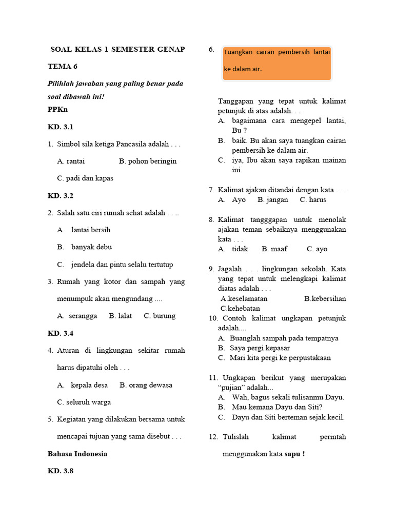 Soal Ujian Kelas 1 Semester 2 Tema 6 | PDF