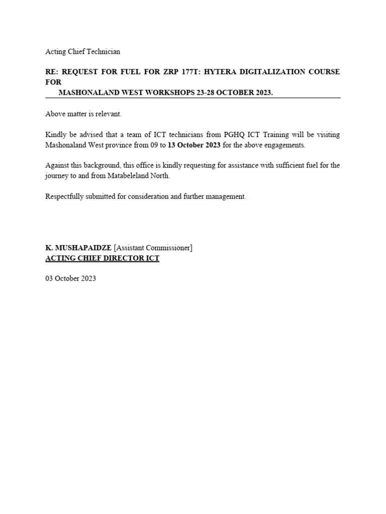 Fuel Request for ICT Training Trip | PDF