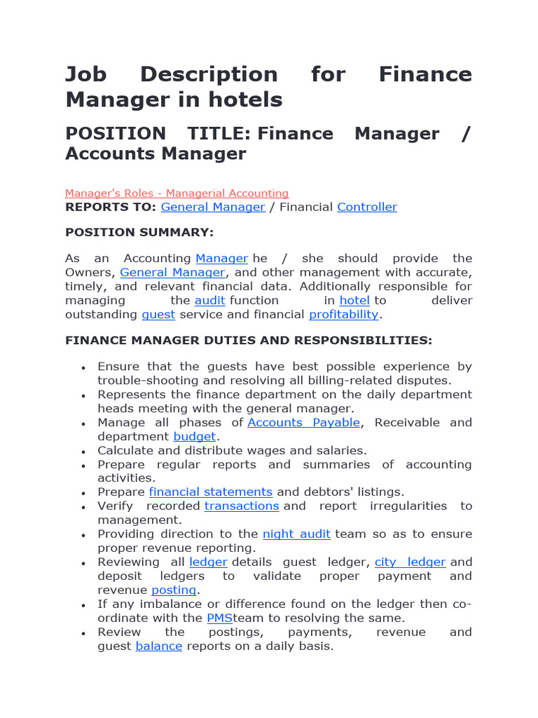 Job Description For Finance Manager in Hotels | PDF
