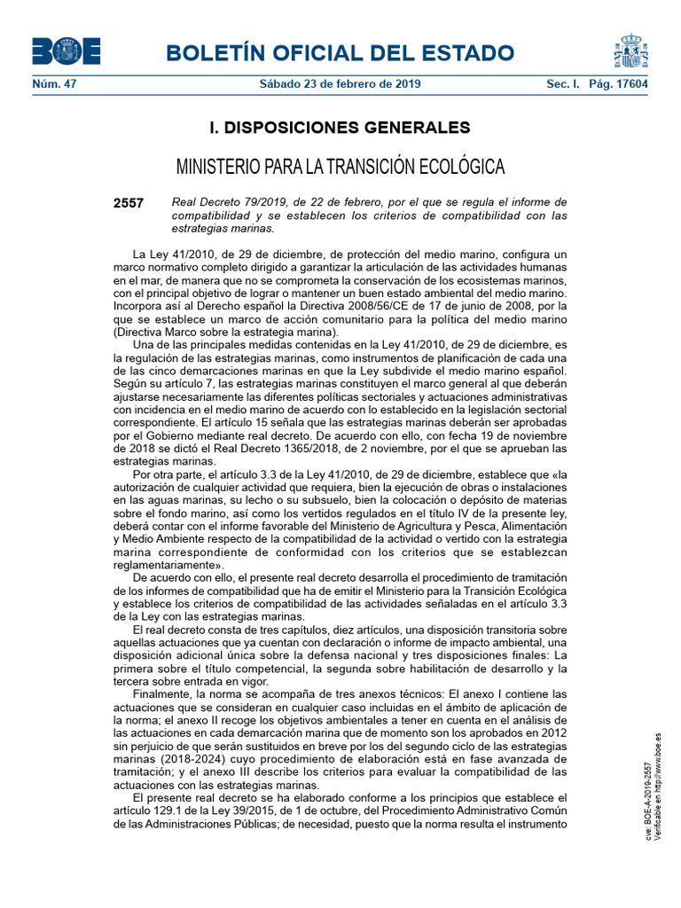 BOE-A-2019-2557 RD Compatibilidad Estrategias Marinas | PDF | Gobierno