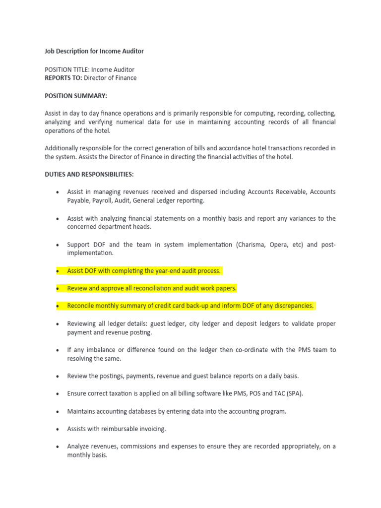 Job Description For Income Auditor | PDF