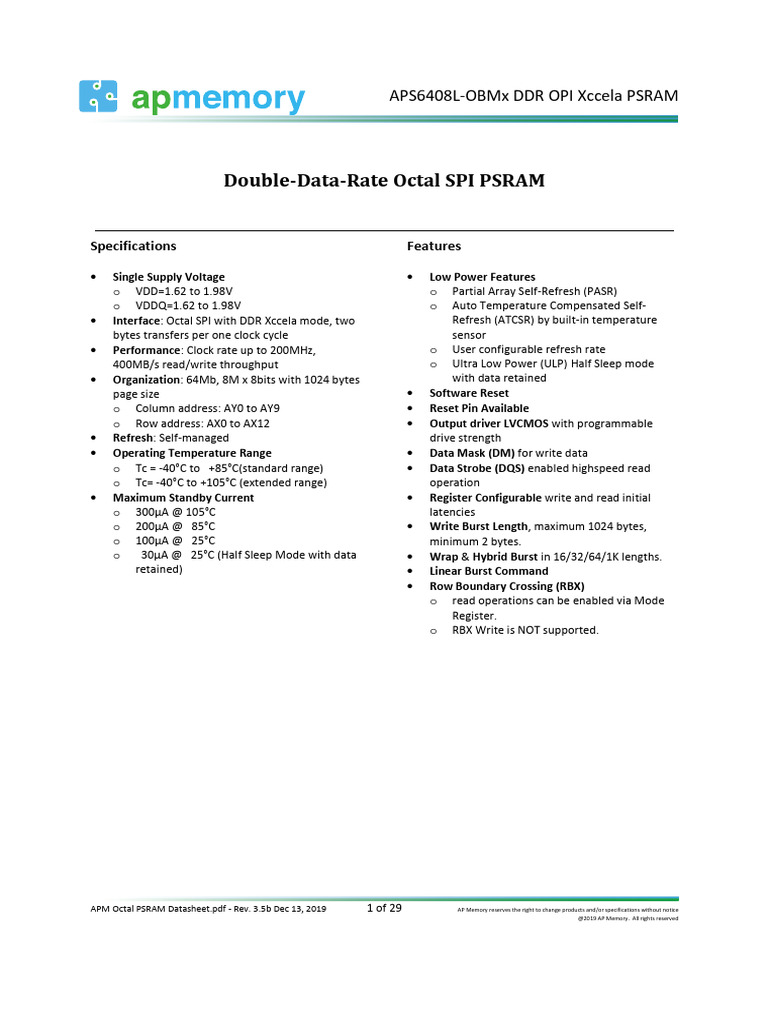 APM PSRAM OPI Xccela APS6408L OBMx v3 5b PKG-1954880 | PDF