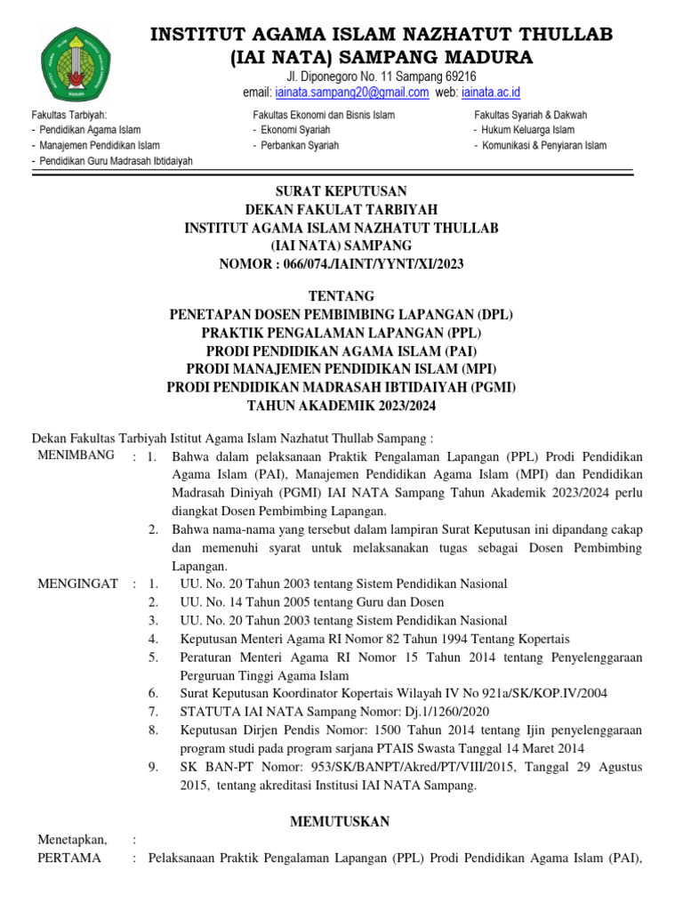 SK DPL Fakultas Tarbiyah 2023 | PDF