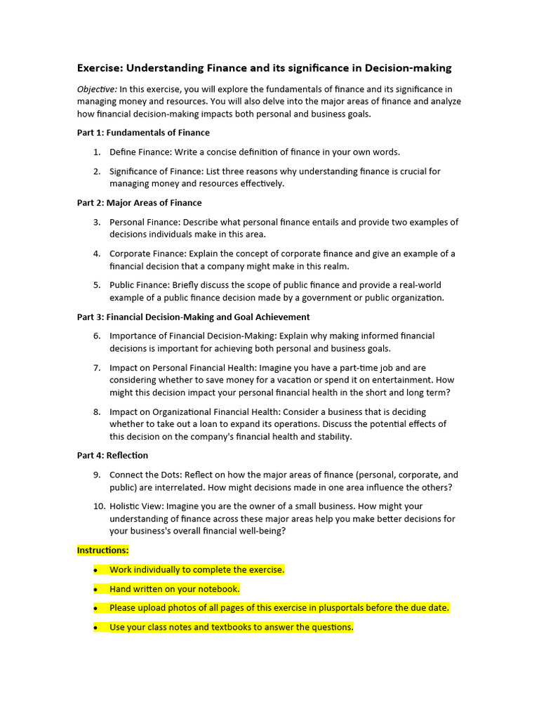 Understanding Finance and its Significance excersise | PDF