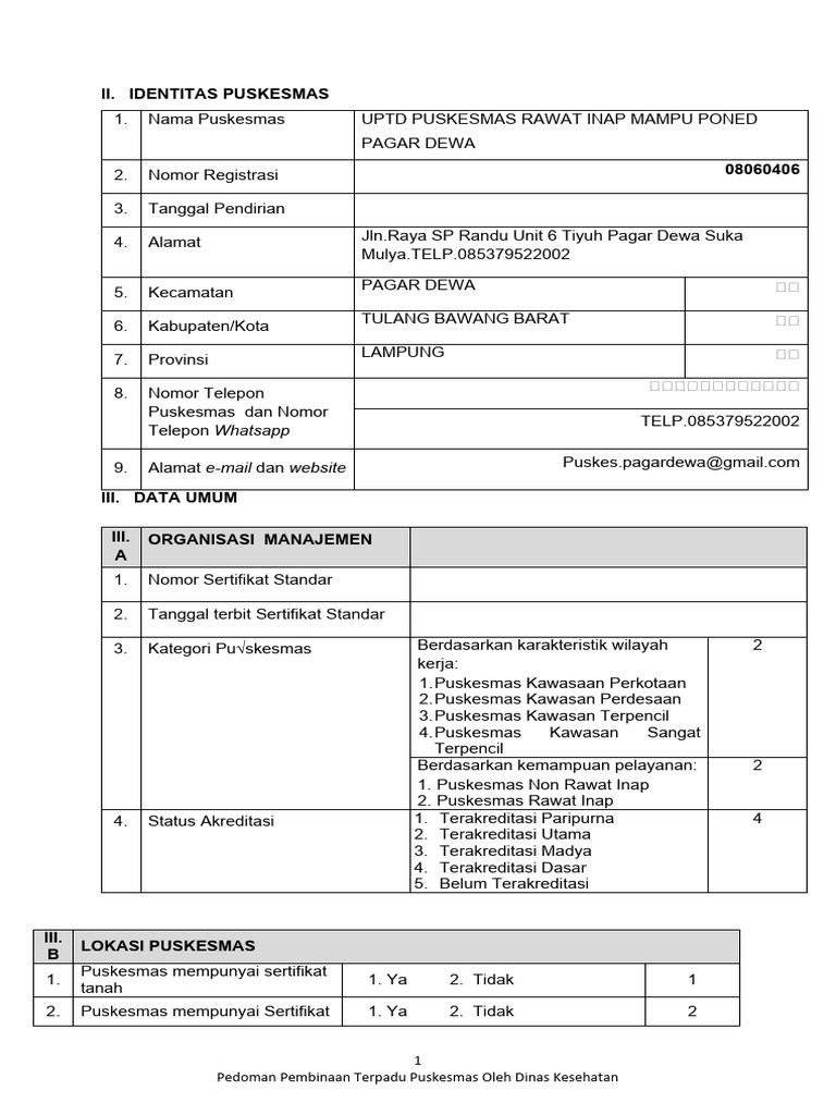PKM PAGAR DEWA - SELF ASSESSMENT PKP - Diisi Oleh Puskesmas (1) RT | PDF