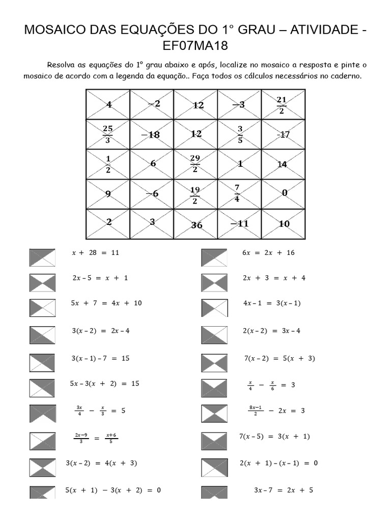 Mosaico Das Equações Do 1° Grau - Atividade | PDF