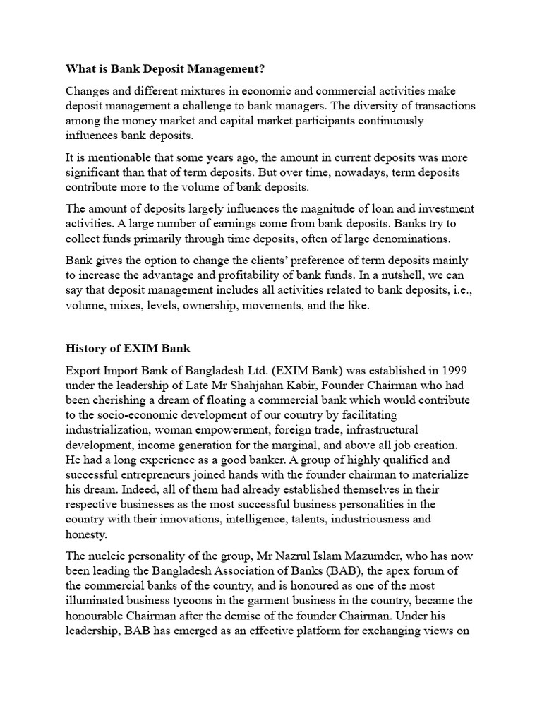 EXIM Bank (Deposite Management) | PDF | Deposit Account | Banks