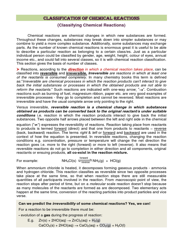 Classification of Chemical Reactions | Download Free PDF | Chemical ...