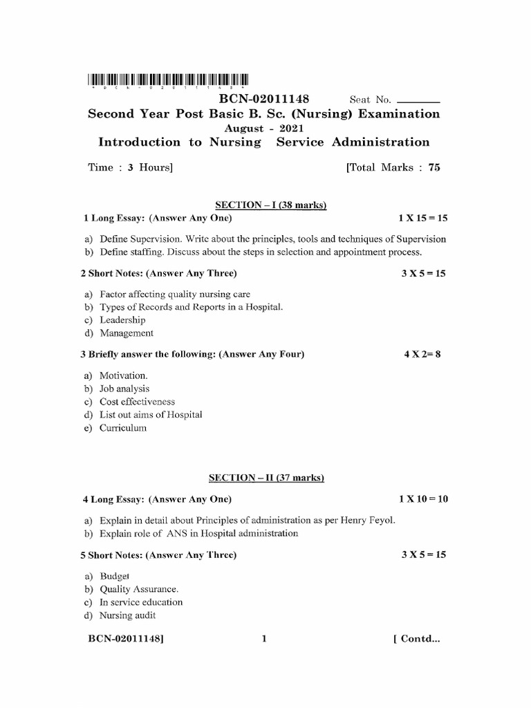 Second Year Post Basic B. Sc. (Nursing) Examination August - 2021 Introduction To Nursing ...