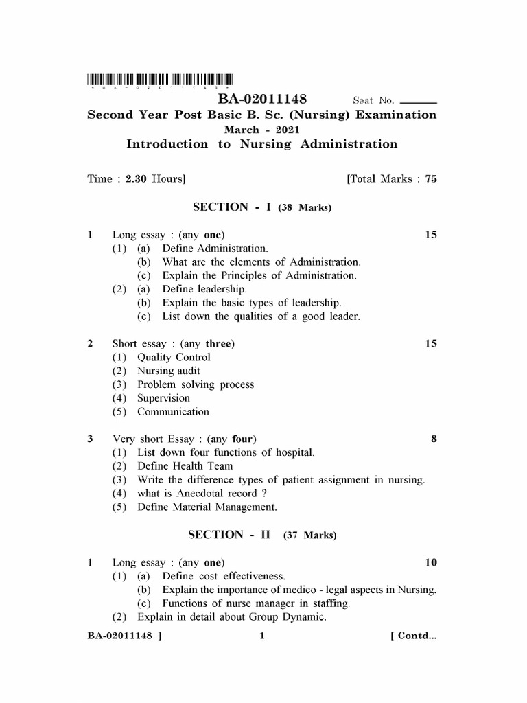 Second Year Post Basic B. Sc. (Nursing) Examination March - 2021 Introduction To Nursing ...