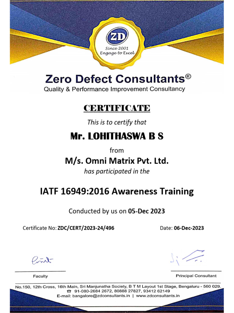 Omni Matrix Pvt. Ltd-IATF Awareness Certificates | PDF