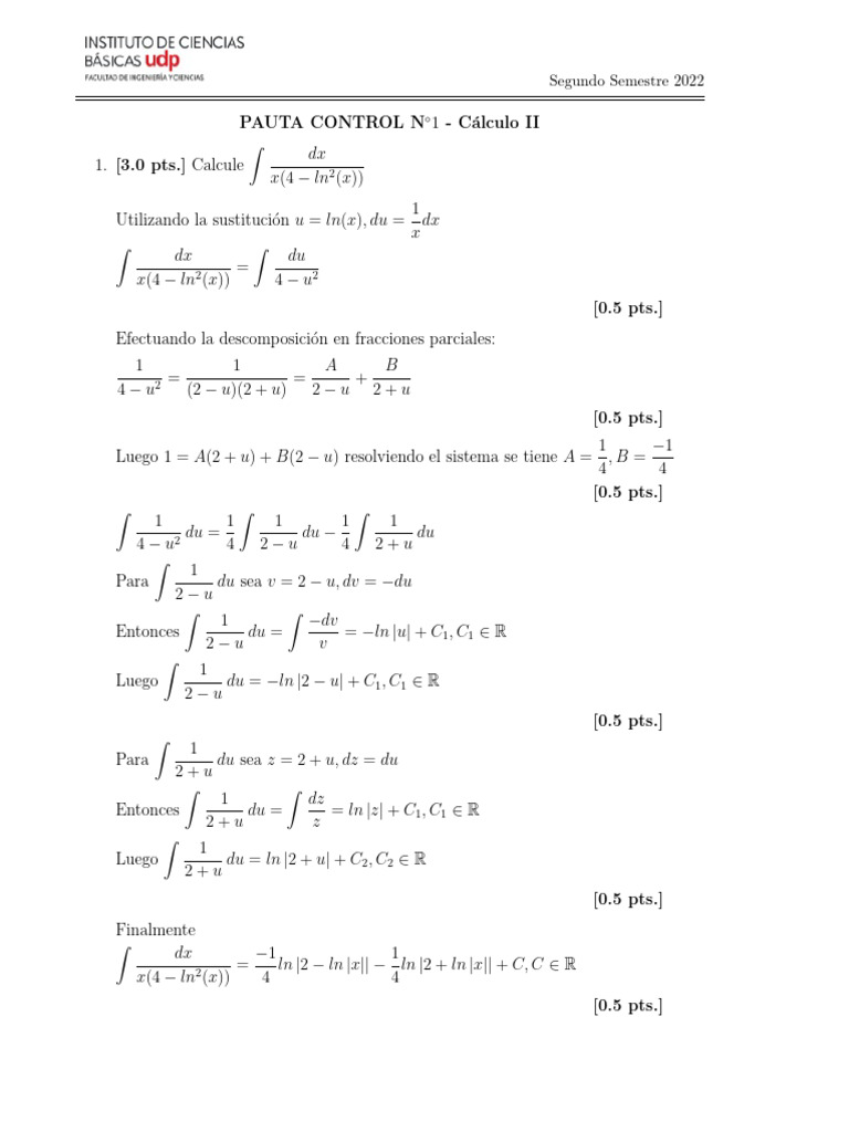 Pauta Dos Control Uno Cálculo II 2 - 2022 | PDF