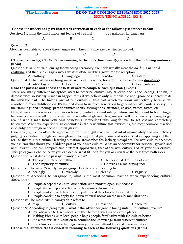 Bo de Thi HK1 Mon TIENG ANH 12 Nam 2022 2023 Co Dap An | PDF | Teachers | Time Management