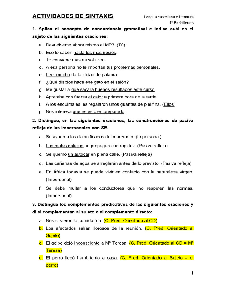 Actividades Sintaxis Generales Corregidas | PDF | Asunto (gramática) | Ciencia cognitiva