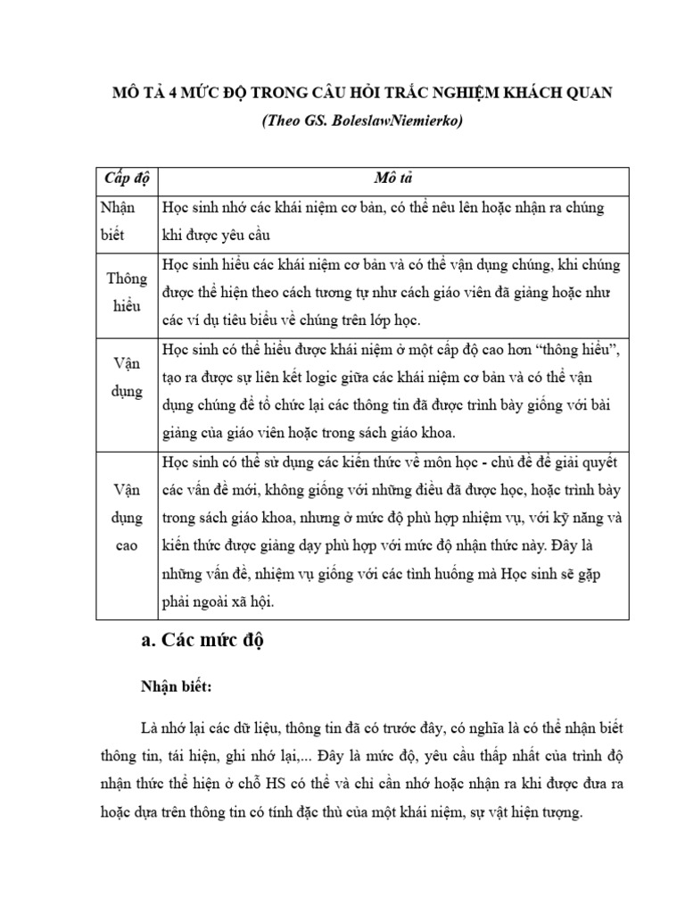 Bang Mo Ta 4 Muc Do Trong Trac Nghiem KQ | PDF