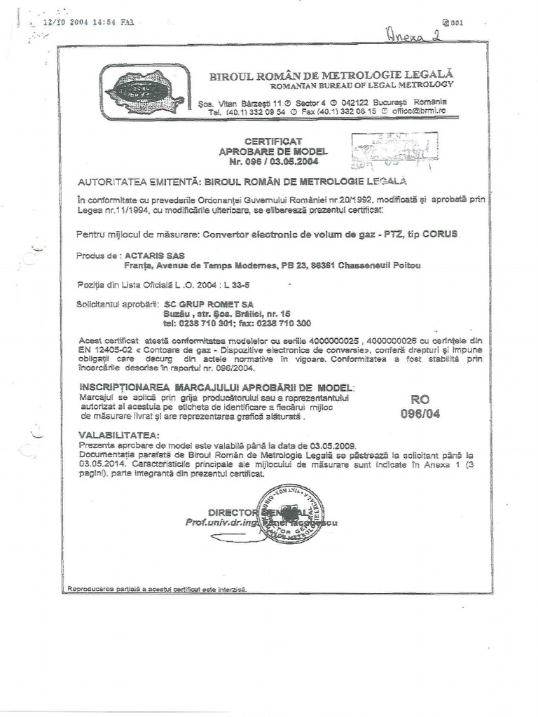 Certificat Aprobare de Model 096 .2004 | PDF