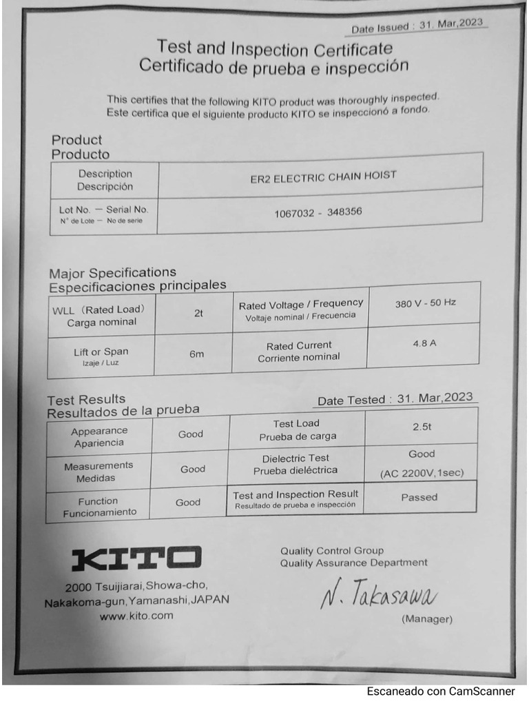Certificado Tecle Eléctrico Marca KITO. | PDF