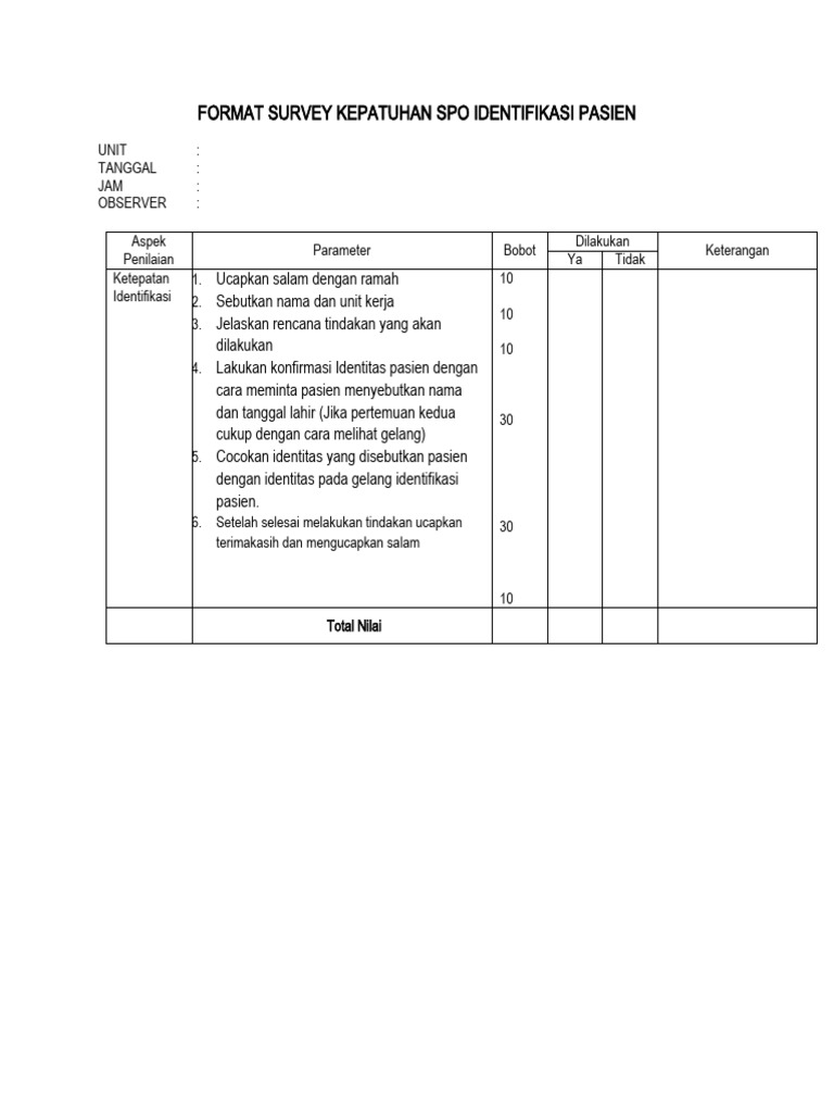 Format Survey Kepatuhan Spo Identifikasi Pasien | PDF