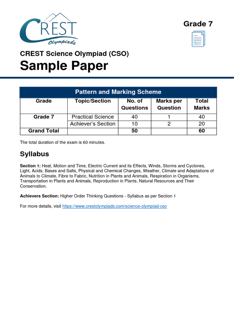 CSO Sample Paper For Class 7 | PDF | Plants | Blood