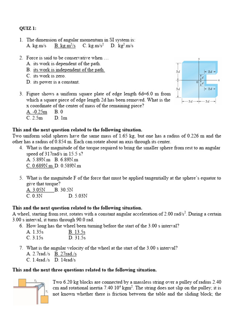 Physics Quiz: Angular Momentum & Dynamics | PDF