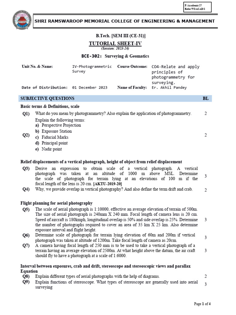 Survey Tute 4 CE - T4 - BCE-302 - Akhil Pandey | PDF