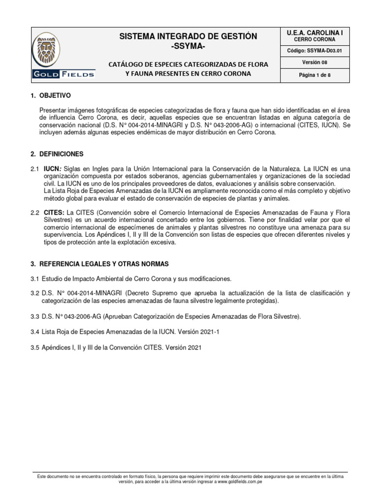 SSYMA D03.01 Catalogo de Especies de Flora y Fauna V8 | PDF