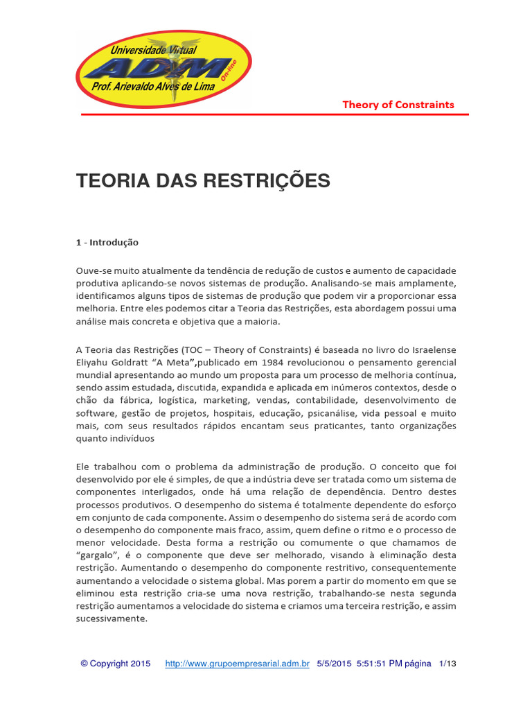 Teoria Das Restrições | PDF | Business | Economias