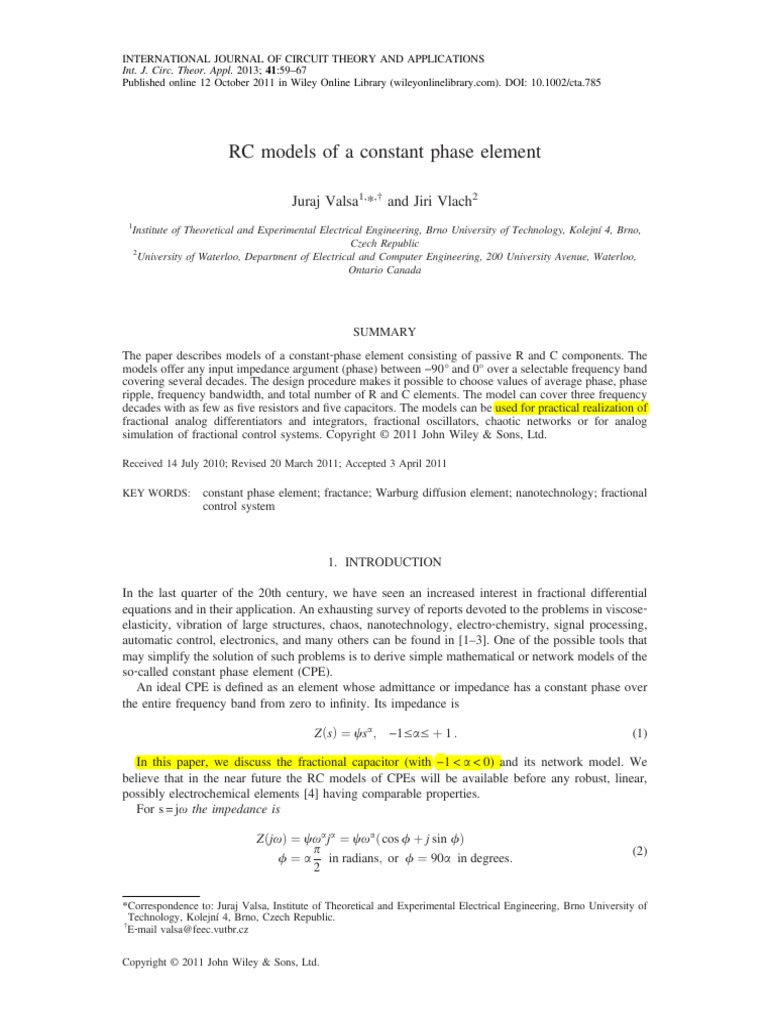 43 - ValsaJ - VlachJ - IJCTA 2013 - RC Models of A Constant Phase Element | PDF